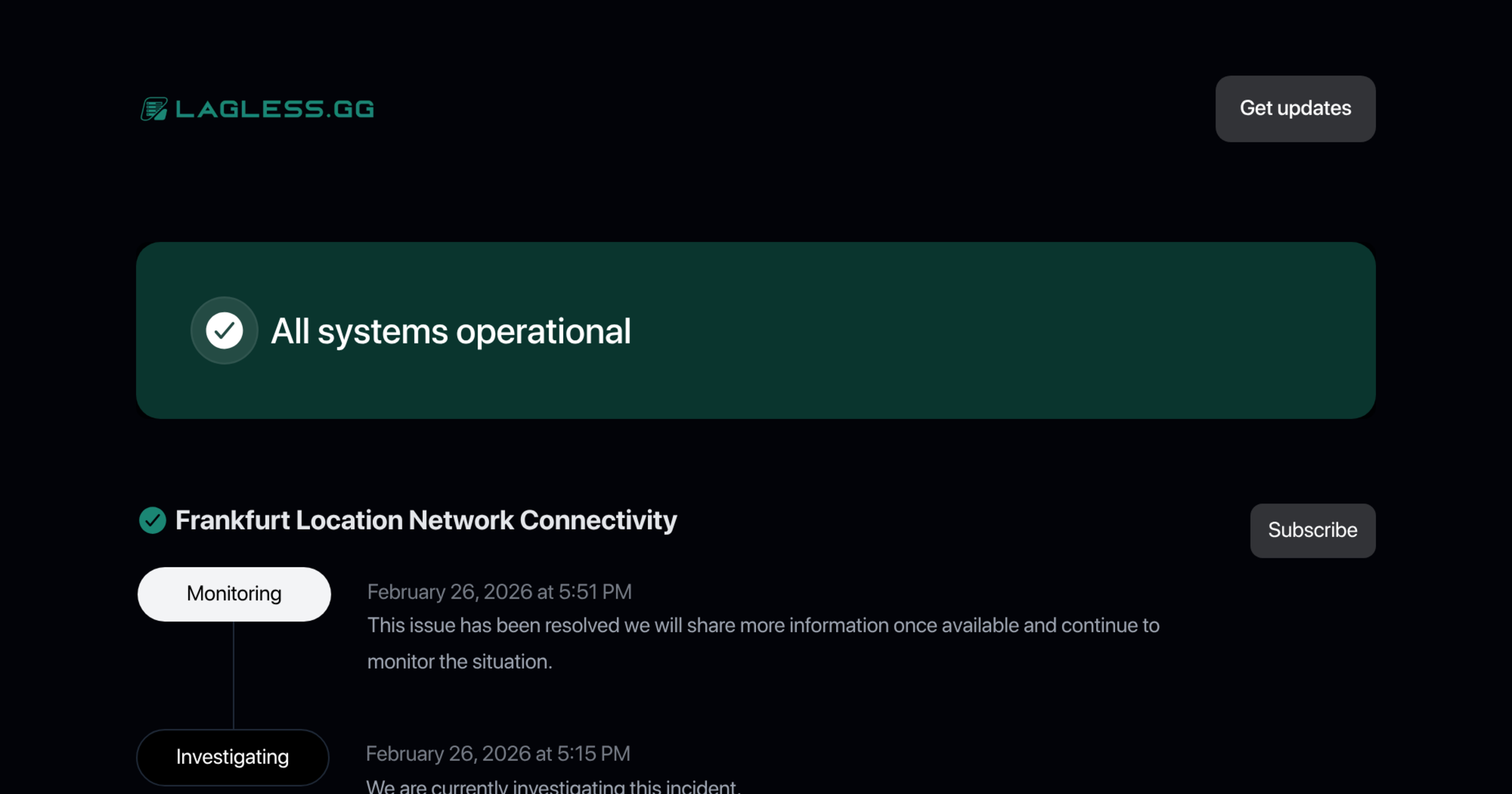 Lagless Status Page